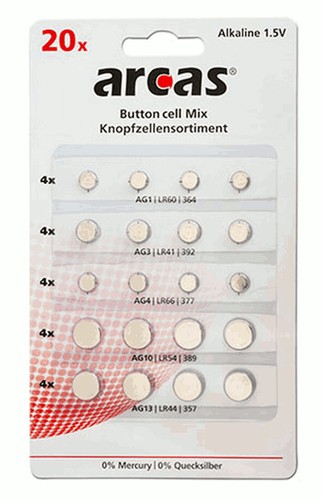 5x ARCAS Button Cells 20 Pieces Alkaline 1,5V AG1 4x AG3 4x AG4 4x AG10 ...