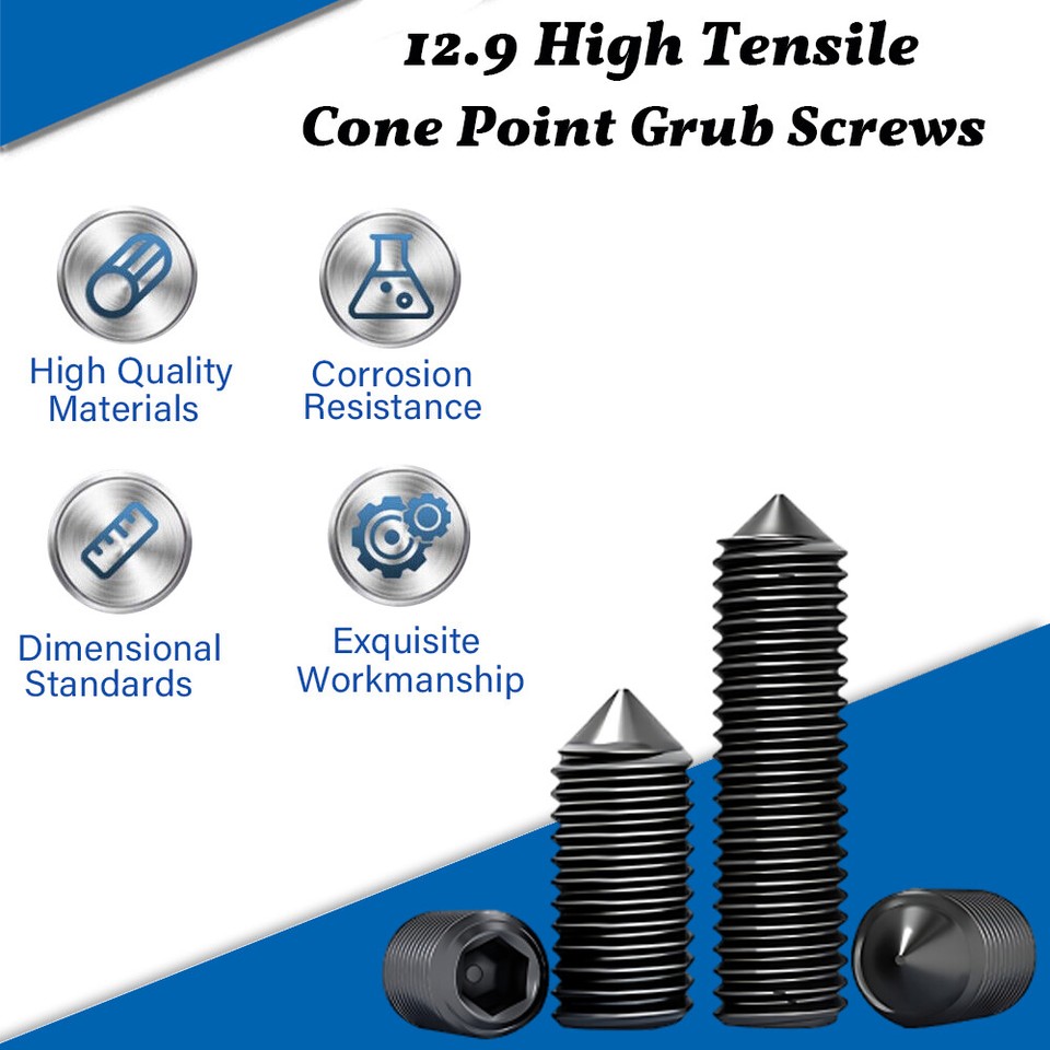 Cone Point Grub Screws Hex Socket Set Screw 12.9 Black High Tensile M2 ...