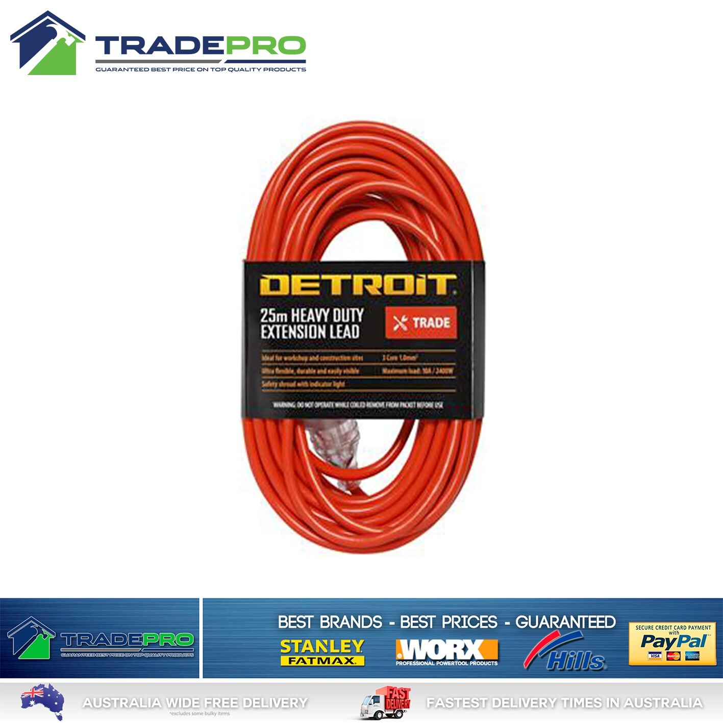 Extension Lead 25M Power Electric Cable Cord 10A 25Mtr with Light AUST ...