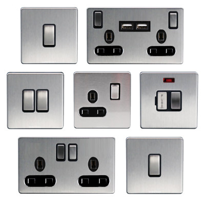 Screwless Slim Brushed Chrome Steel Silver Light Switches & Sockets ...