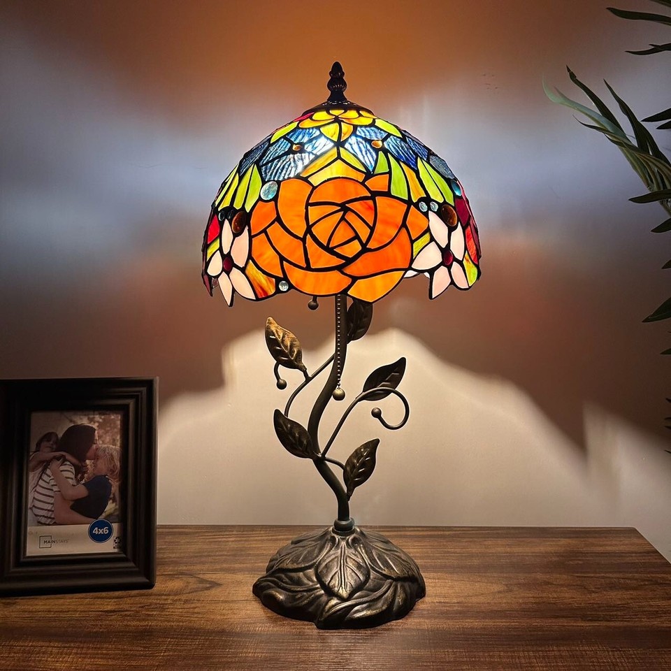 Tiffany Style Table Lamp Stained Glass Rose Flowers LED Bulb 10"W*10"D ...