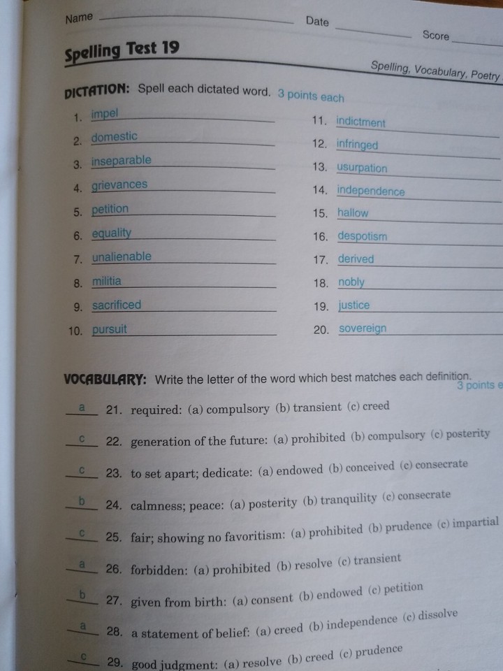 Abeka Spelling Vocabulary Test Booklet Teacher Key Grade 5 | eBay