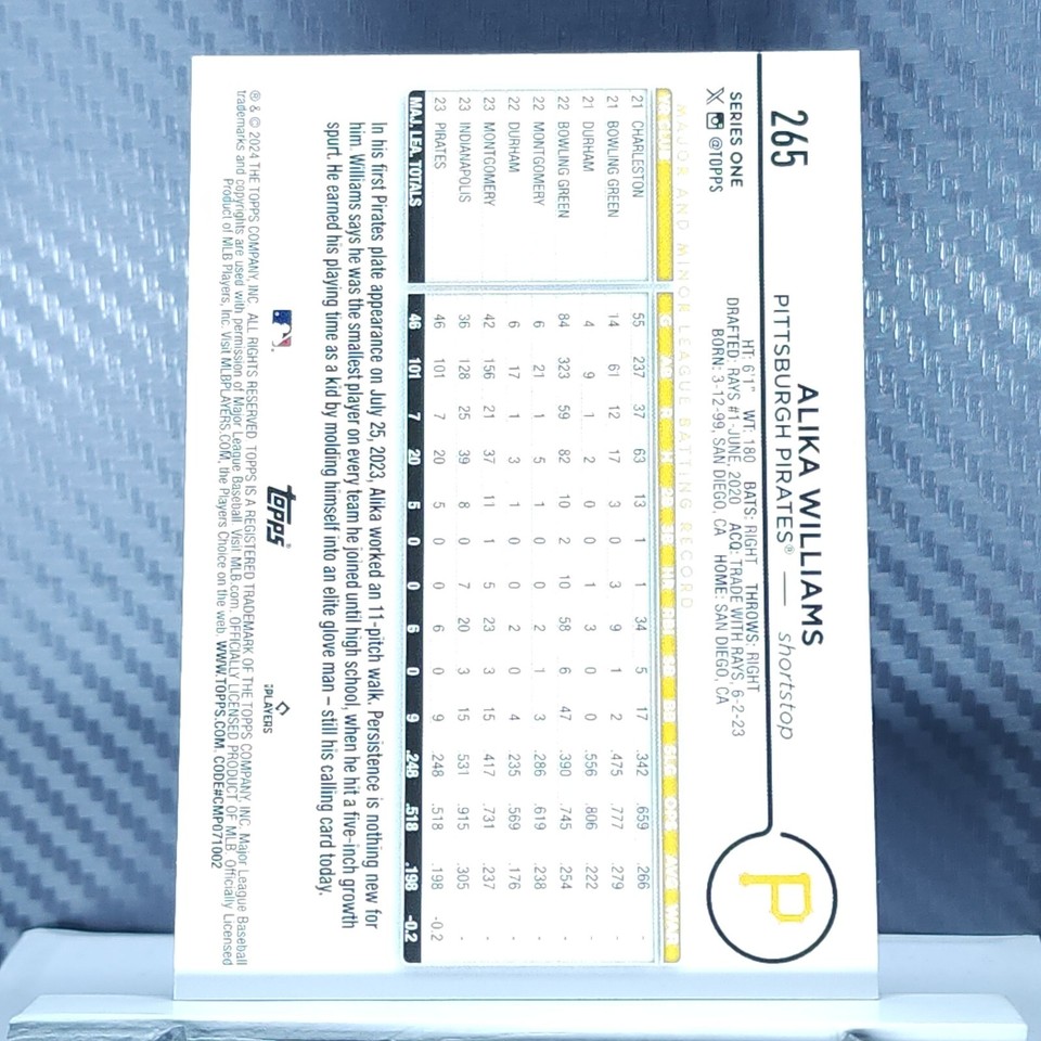 Alika Williams 2024 Topps Series 1 ROOKIE #265 - Pirates RC | eBay