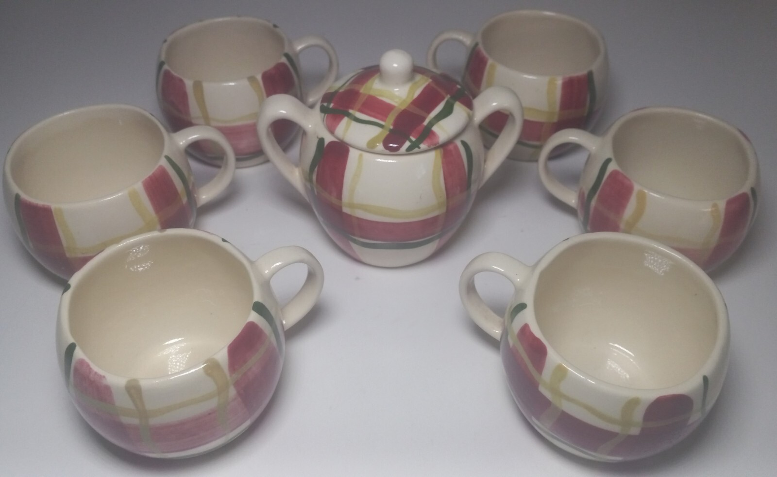 Purinton Pottery Normandy Plaid Slip Ware 6 Cups & Sugar Bowl w/ Lid | eBay