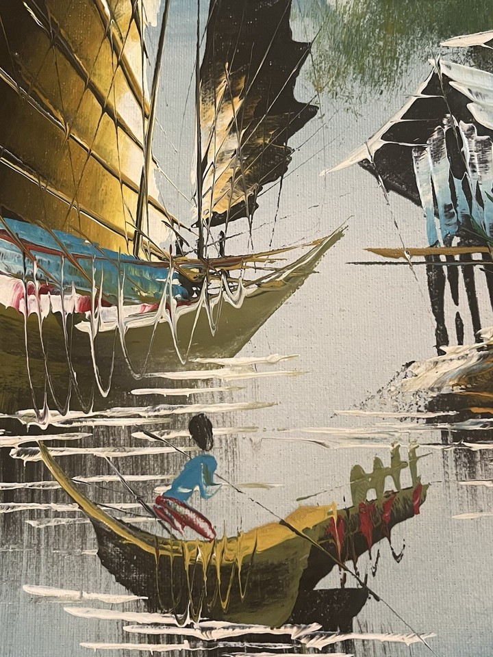 Three Vntg Asian Hong Kong China Oil Paintings Bamboo Sty Framed -2 ...