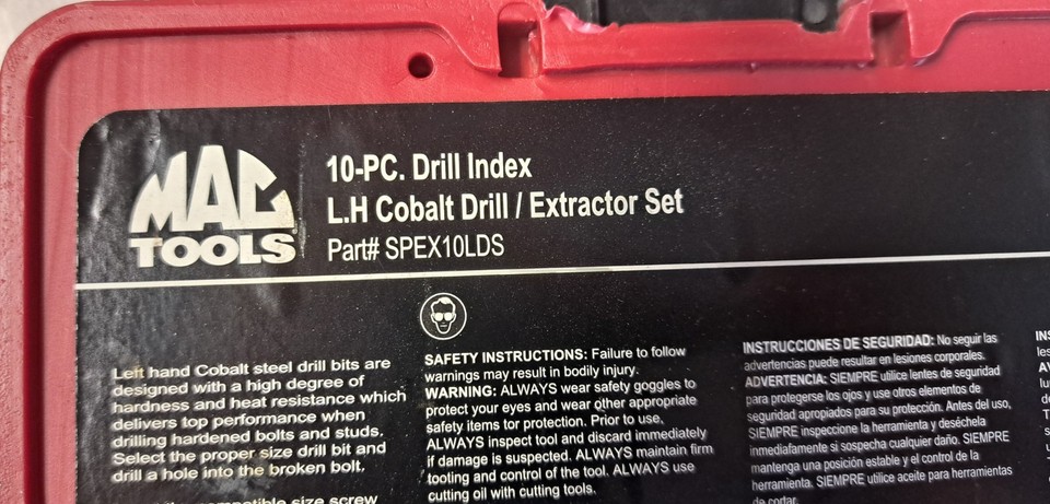 Mac Tools 10-pc. L.H COBALT DRILL & EXTRACTOR Set #SPEX10LDS Missing 1 ...