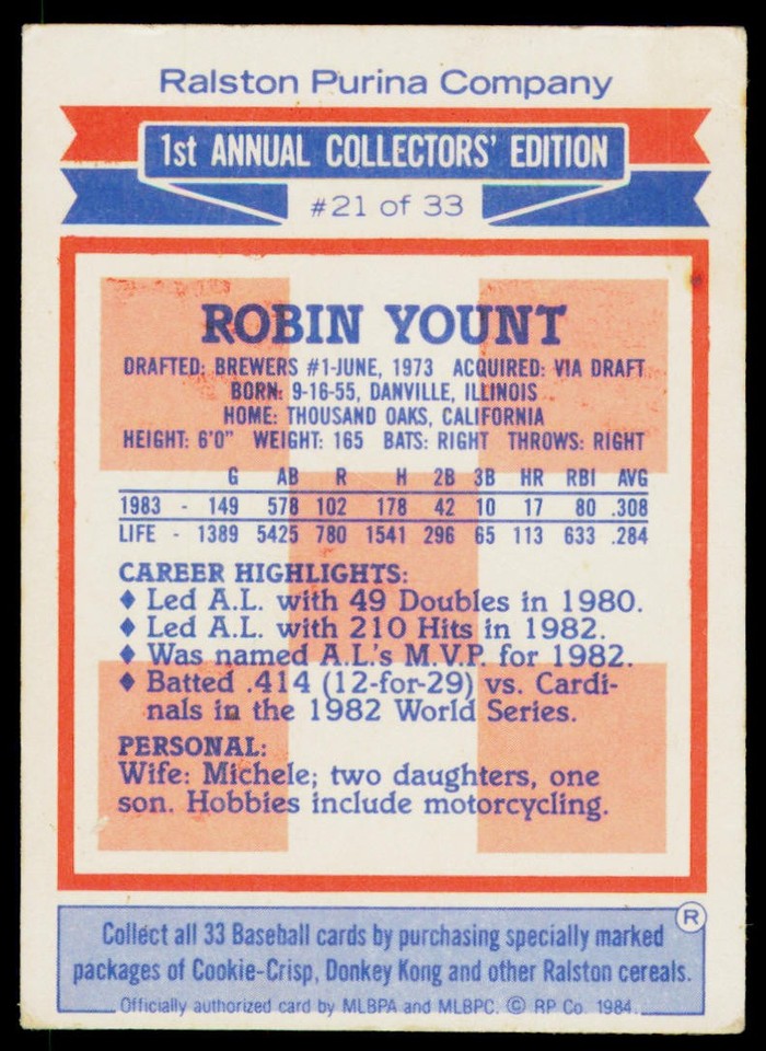 1984 Topps Ralston Purina Robin Yount 21 Milwaukee Brewers | eBay