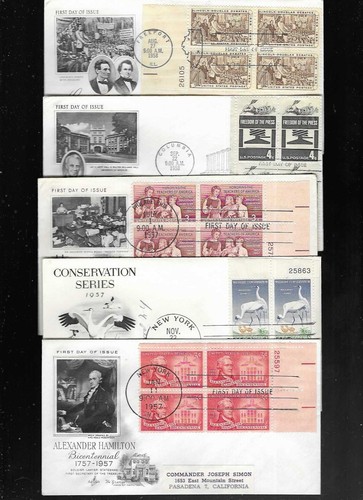 US FDC FIRST DAY COVERS COLLECTION 1950 'S PLATE BLOCKS LOT OF 20 ...