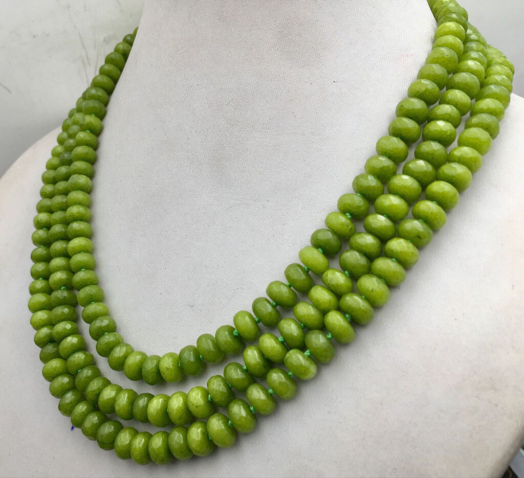 Natural 3 Rows 5x8mm Faceted Jade Gemstone Rondelle Beads Necklace 18 ...