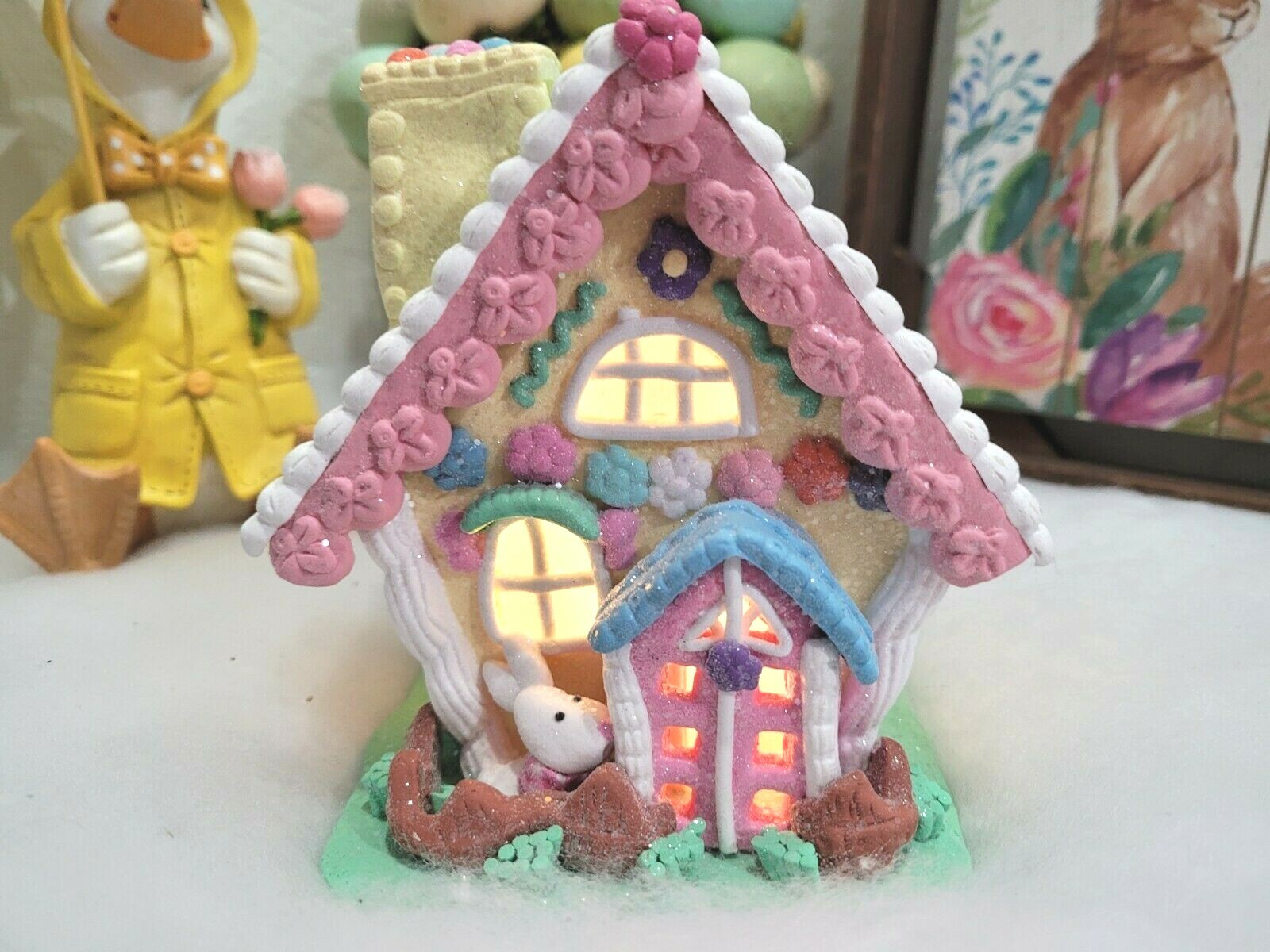 Easter Pastel Bunny Rabbit Gingerbread House LIGHT UP Tabletop Decor 5. ...