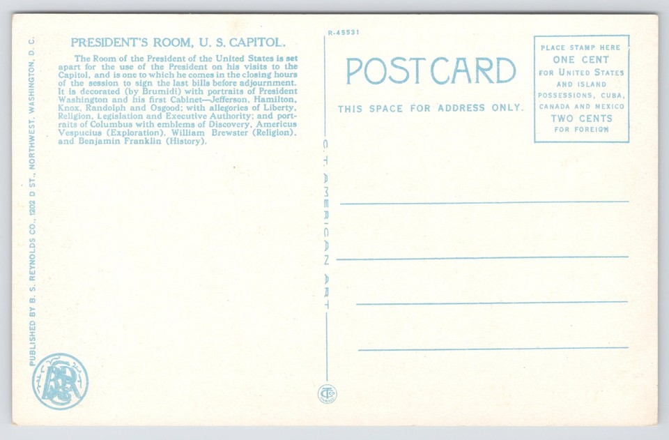 State View~Presidents Room In US Capitol~Vintage Postcard | eBay