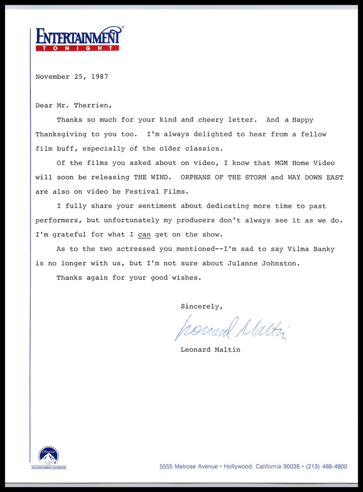 Leonard Maltin - Movie Critic - 9x11 Typed Letter - Signed / Autograph ...