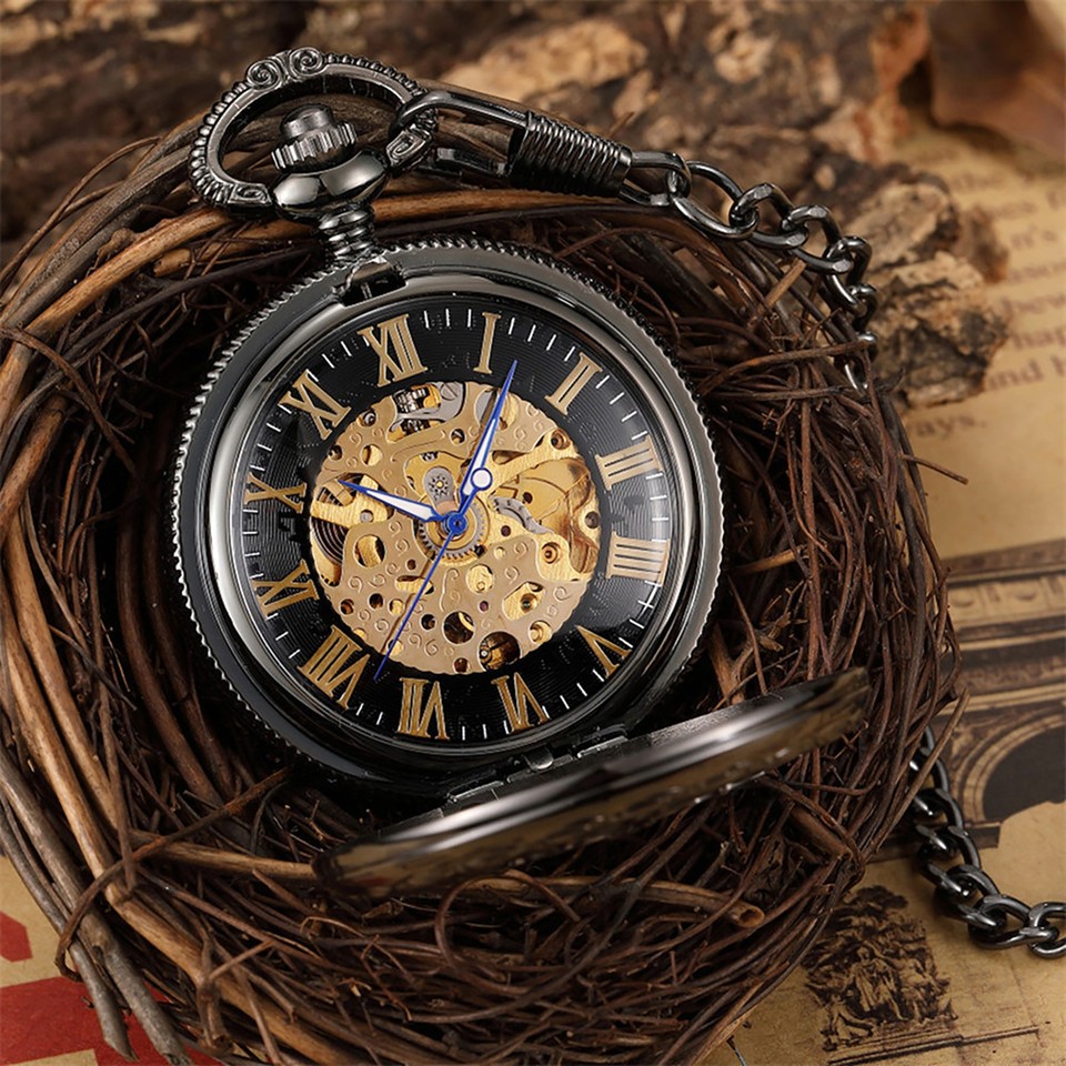 Vintage Skeleton Mechanical Movement Pocket Watch Roman Numerals Dial ...