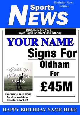 Football Personalised Oldham Birthday Greeting Card Add Photo Name age ...