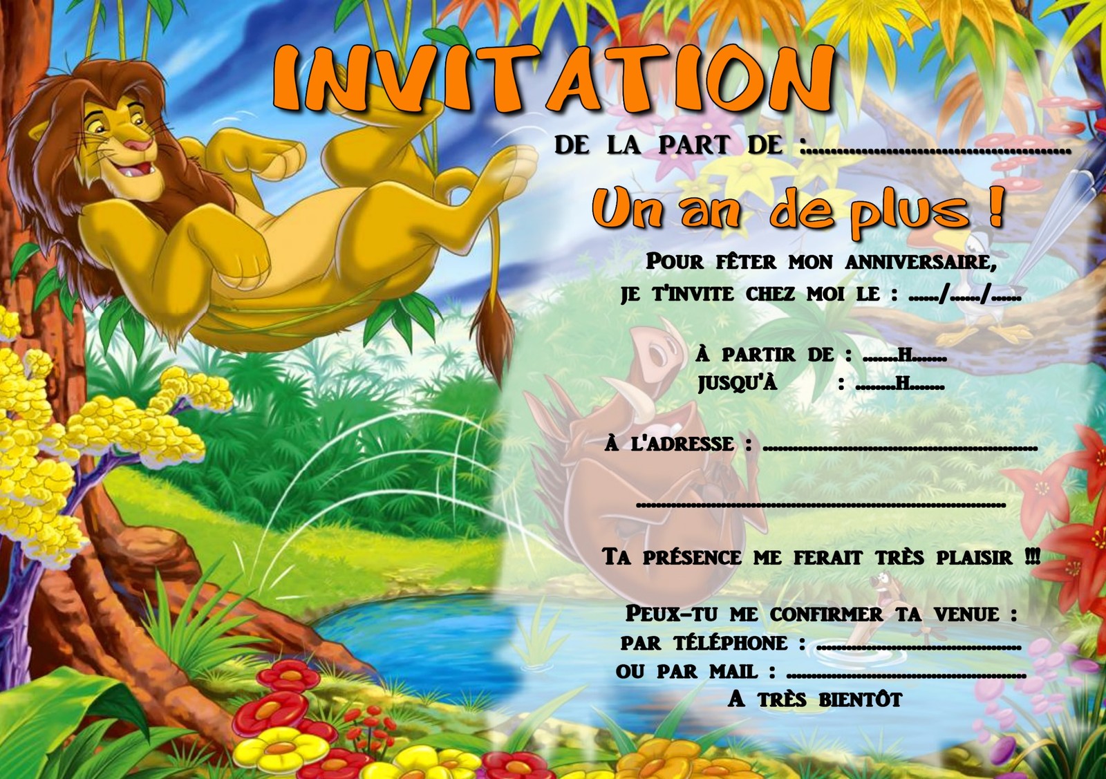 10 CARTES INVITATION ANNIVERSAIRE Le Roi Lion The Lion King (avec Des ...