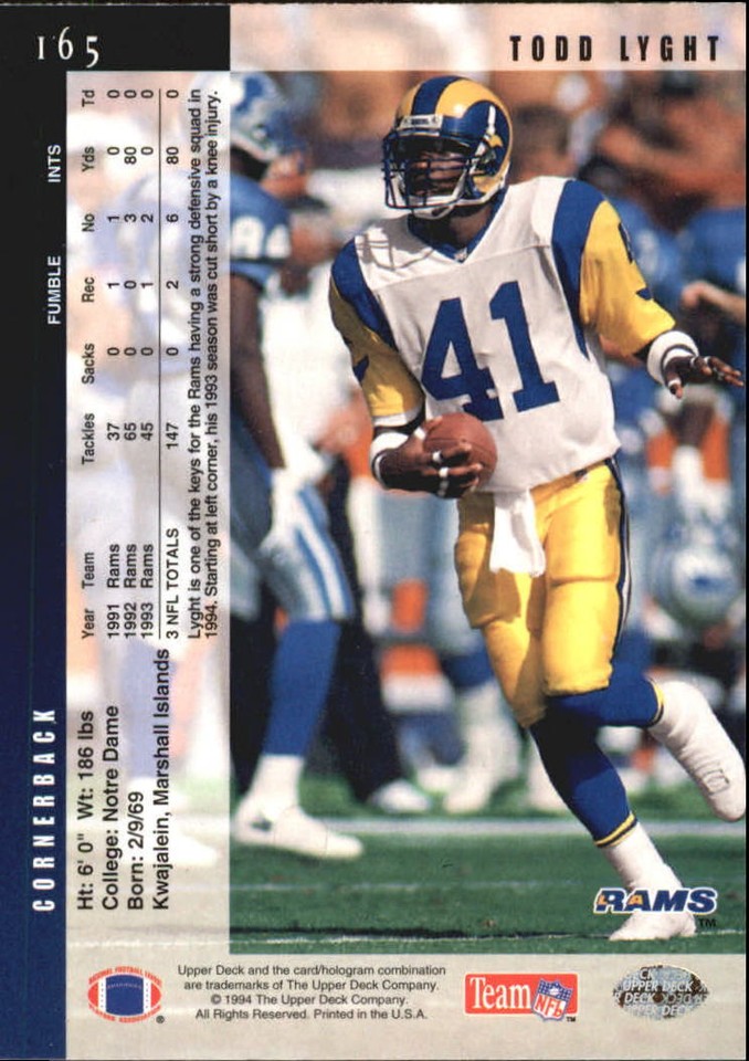 1994 Upper Deck Electric Silver Los Angeles Rams Football Card #165 ...