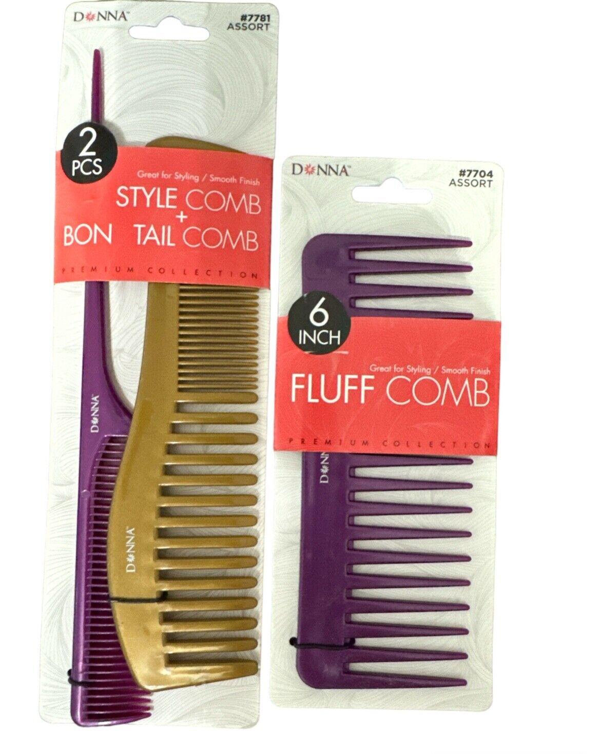 Donna Rake 3 piece Comb Set 9”Purple Tail 8" Gold Styling & 6" Fluff ...