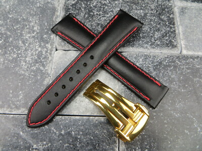 22mm Calf Leather Strap Black Watch Band Deployment Buckle Set for ...