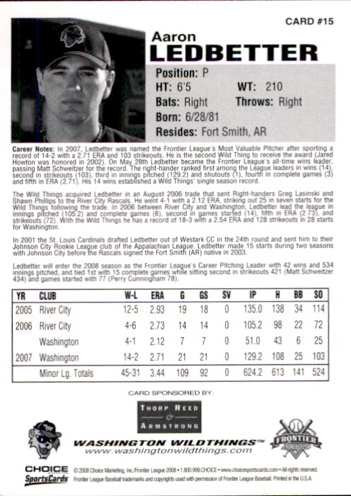 2008 Washington Wild Things Choice #15 Aaron Ledbetter Fort Smith ...