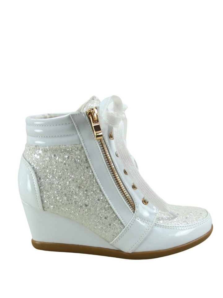 Women's Shiny Patent Glitter Ankle Wedge Lace UP Party Sneaker Booties ...