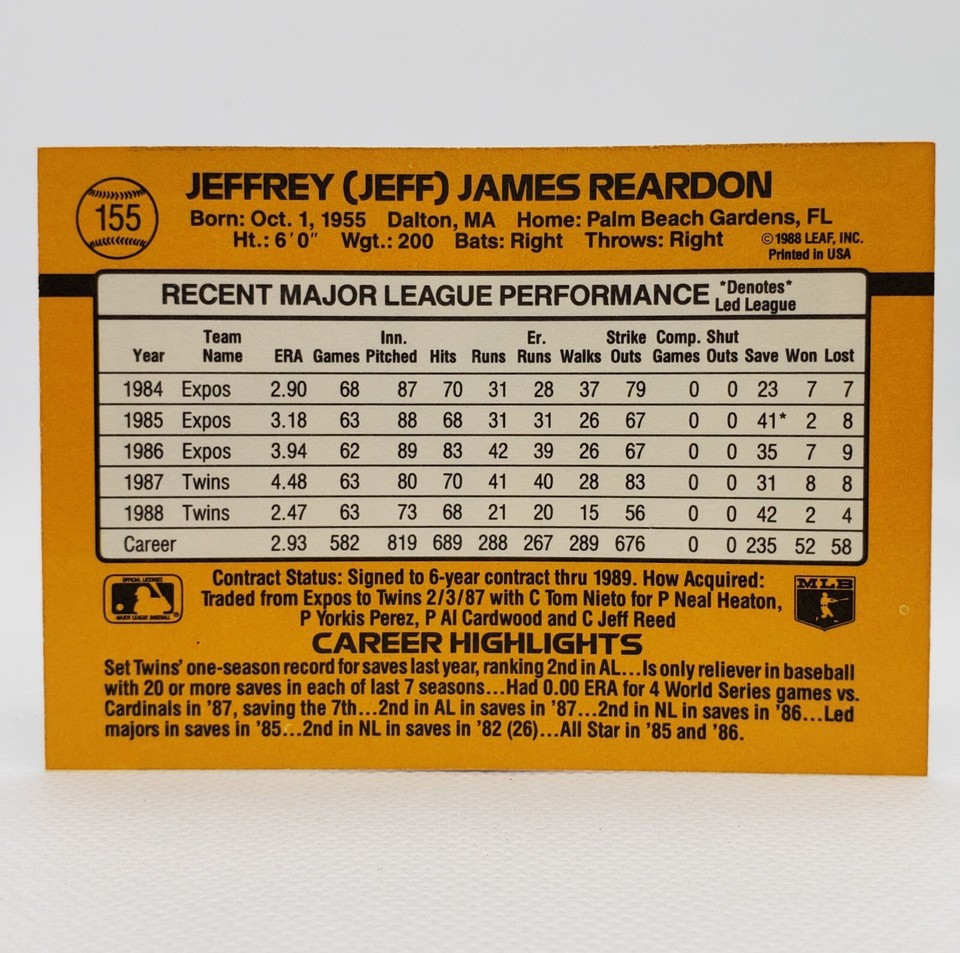 1989 Donruss #155 JEFF REARDON Minnesota Twins Baseball Card | eBay