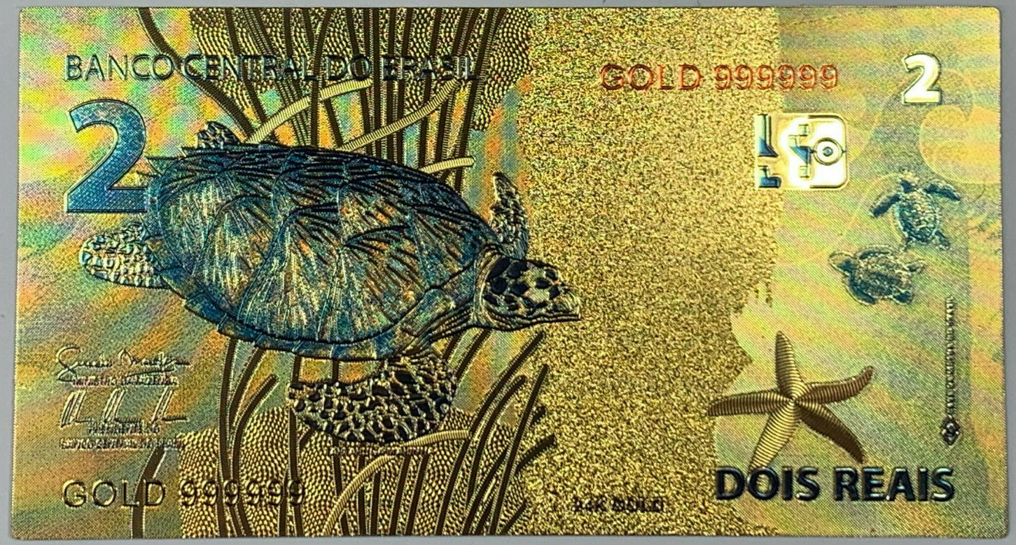 Brazil Colored Gold 2 Reais Banknote Golden Foil Souvenir Note with Sea ...