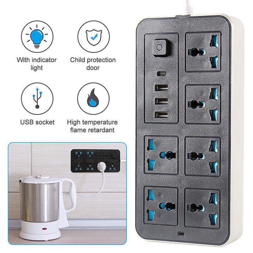 2m Extension Cable with USB - C and Power Strip: 6 - Way Outlets, 3 USB ...