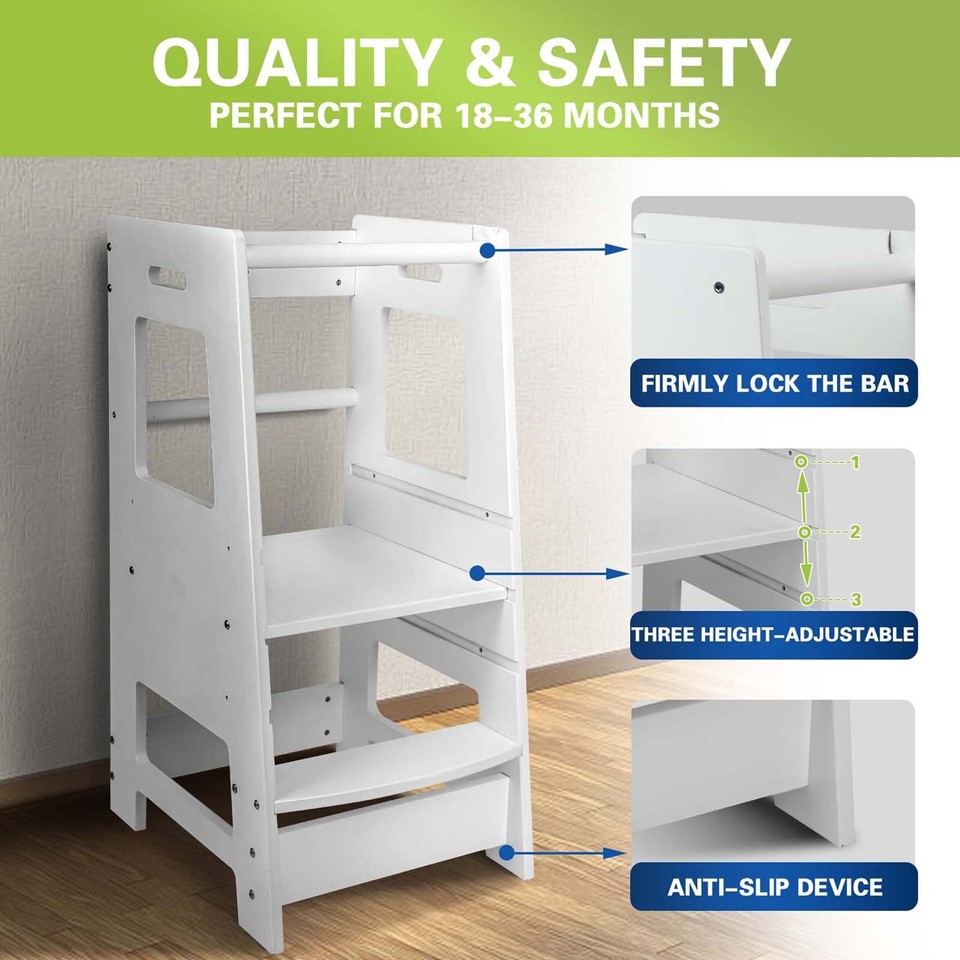 Kitchen Buddy Kids Step Ladder Stool Toddler Learning Tower Safety Bar ...
