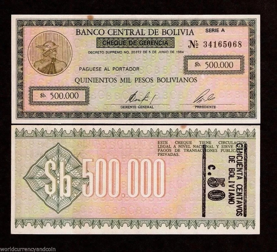 Bolivia 500000 PESOS P-198 1984 UNC 50 C Overprint Bolivian World ...