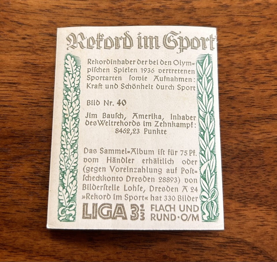1934 Liga Rekord im Sport #40 Jim Bausch American Olympic Gold Medalist ...