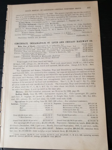 1888 train report CINCINNATI INDIANAPOLIS ST LOUIS & CHICAGO RAILWAY ...