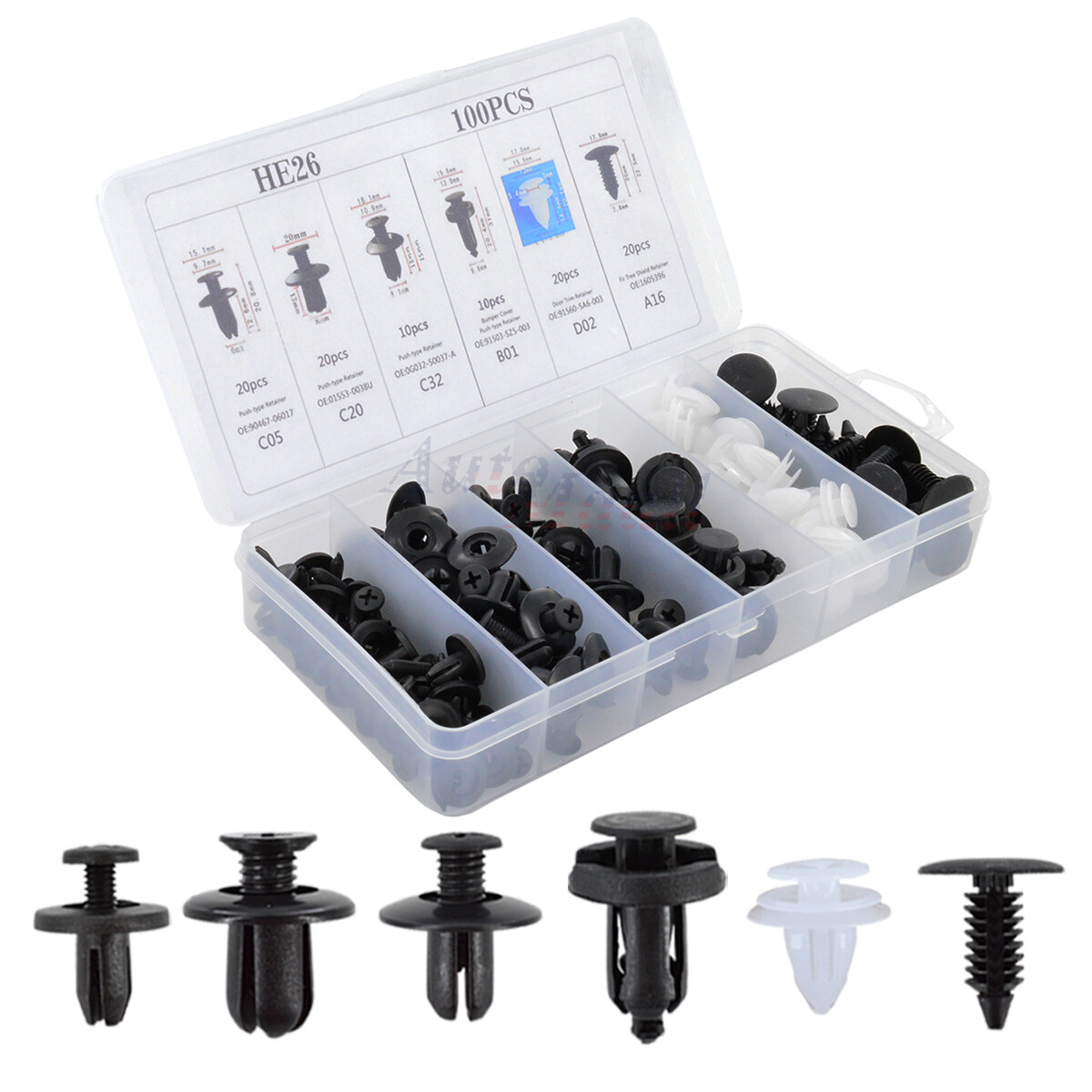 6 sizes Assortment 100pcs Fender Insulator Trim Panel Retainer Clip w ...