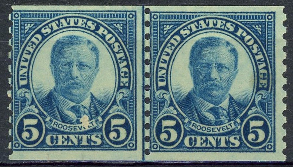 Issue of 1923 5 Cent Teddy Roosevelt Coil Line Pair MH Scott's 602 #5 ...
