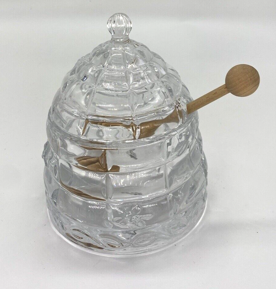 Godinger Studio Crystal Beehive Honey Jar Pot Jam Jelly Condiments Wood ...