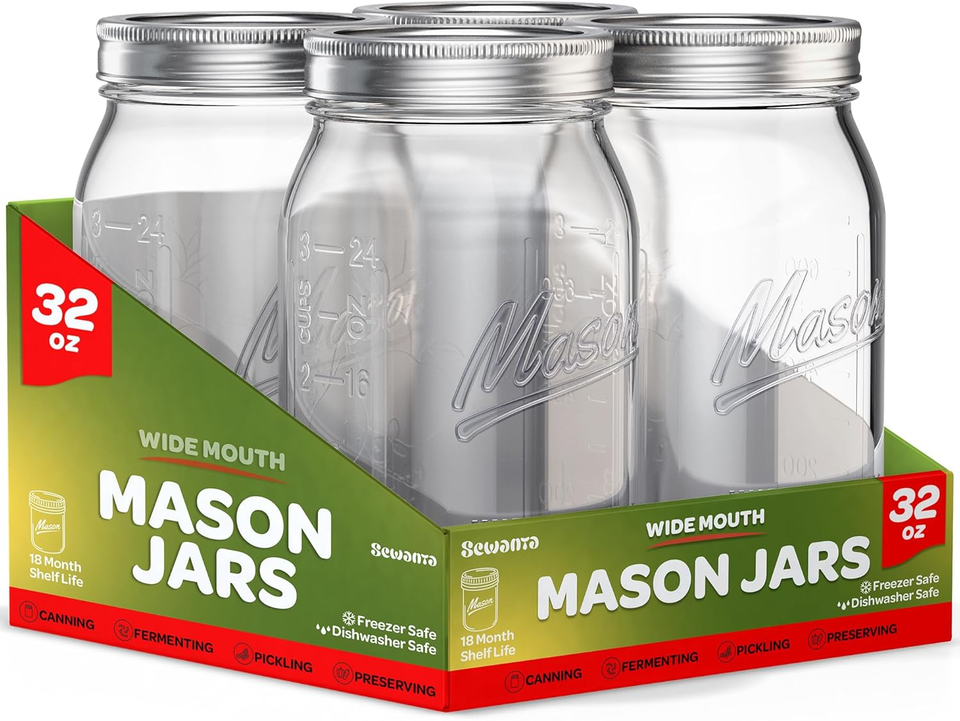Wide Mouth Mason Jars 32 Oz [4 Pack] with Mason Jar Lids and Bands ...