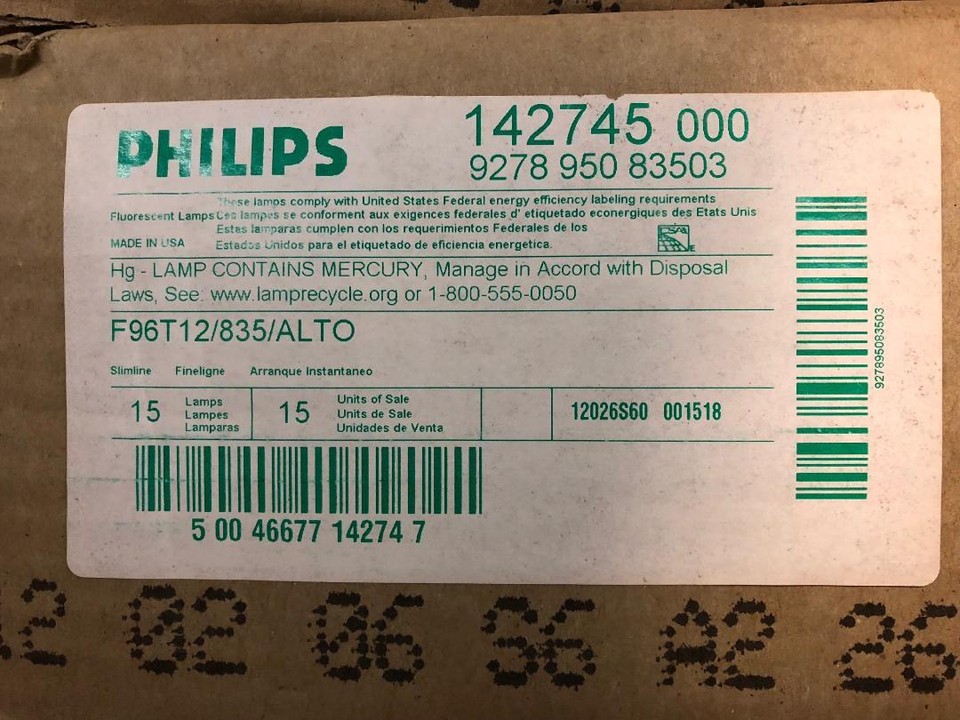 15 PIECES PHILIPS 142745 F96T12/835/ALTO 75W 835 3500K SLIMLINE LAMP | eBay