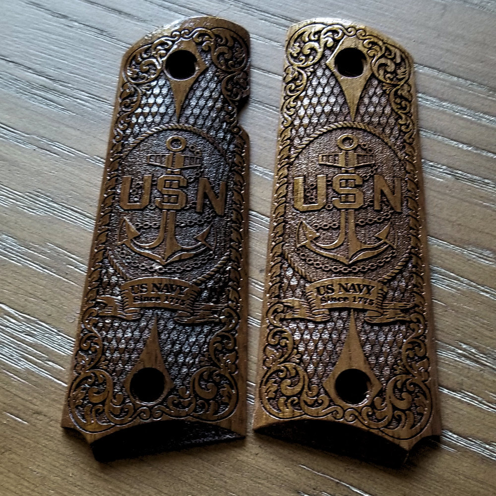1911 custom 3D engraved walnut wood grips Scroll US Navy USN Anchor | eBay