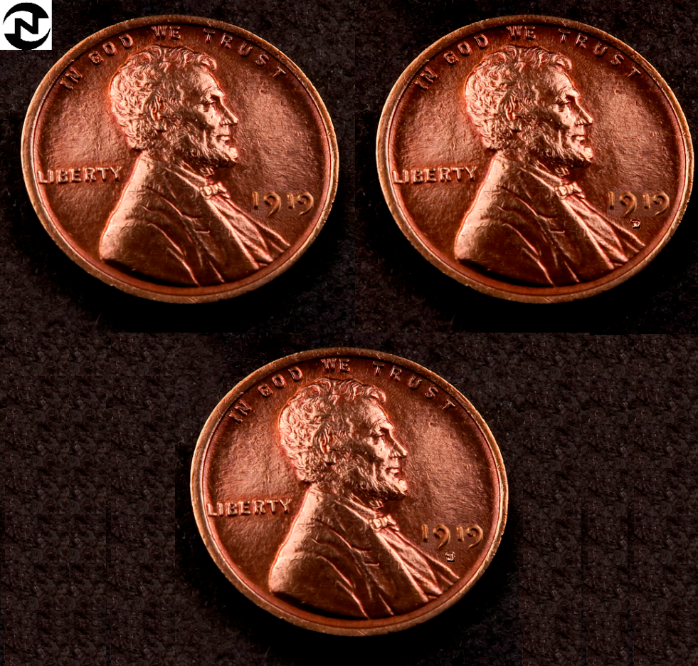 1919+1919-D+1919-S Lincoln Wheat Penny Cent Set/Lot ~ Gem BU (red) ~ 3 ...