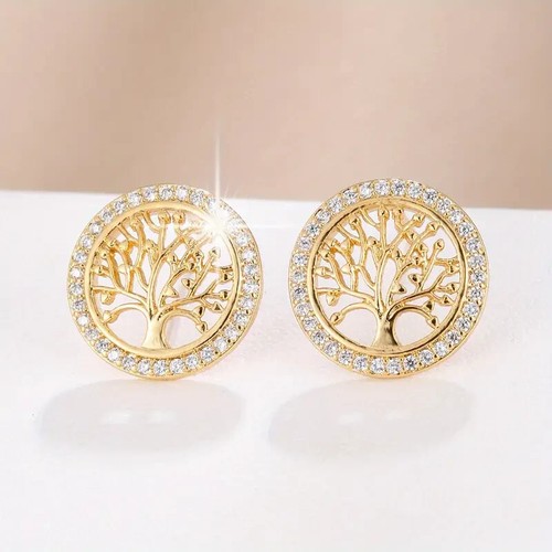 Women Trendy Round Life Tree Design Stud Gold Plated Cubic Zirconia ...