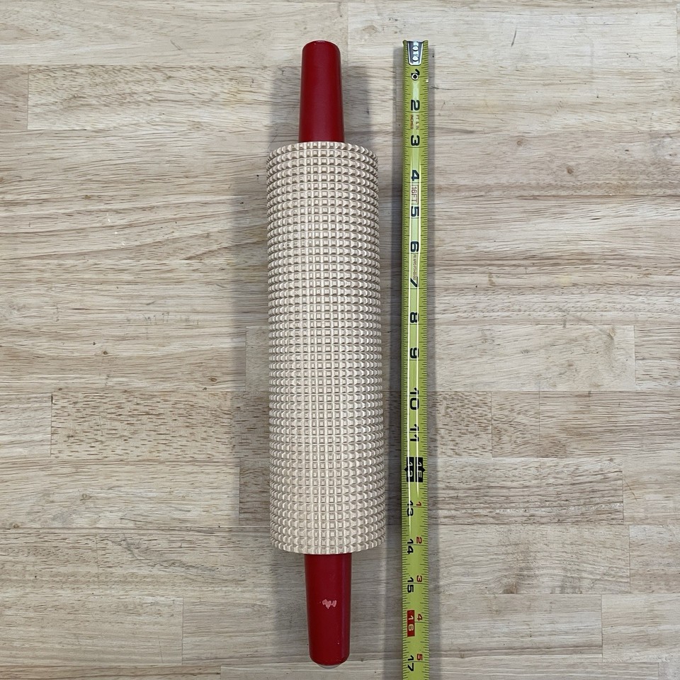 Vtg Lokstad Wooden Ribbed Rolling Pin Red Handles For Swedish Flatbread ...