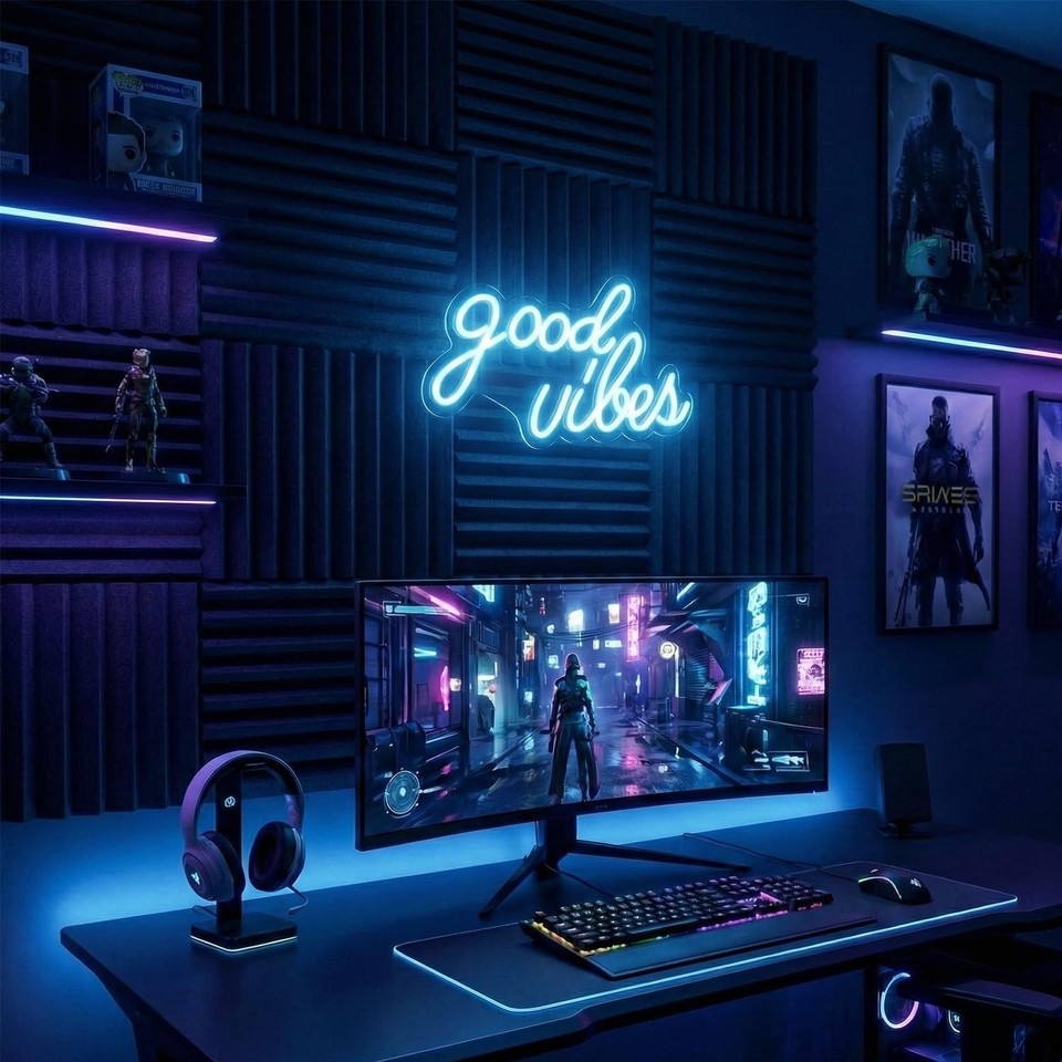 Good Vibes Neon Sign Ice Blue, Cool LED Light for Wall Decor, Game Room ...