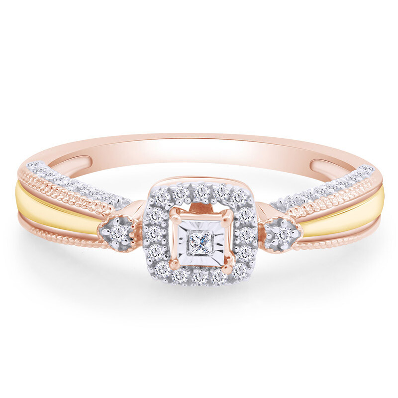 1/6 Ct Princess & Round Real Diamond Promise Ring 14K Rose Gold Plated ...