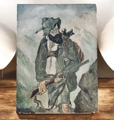 Vintage Alpine Hunter Portrait Original Oil on Wood Panel Signed 19”x ...
