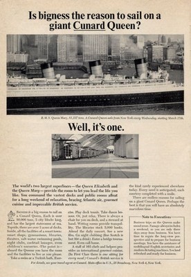 1965 Cunard PRINT AD Cruise Ship Queen Mary Vintage Photo Great to ...
