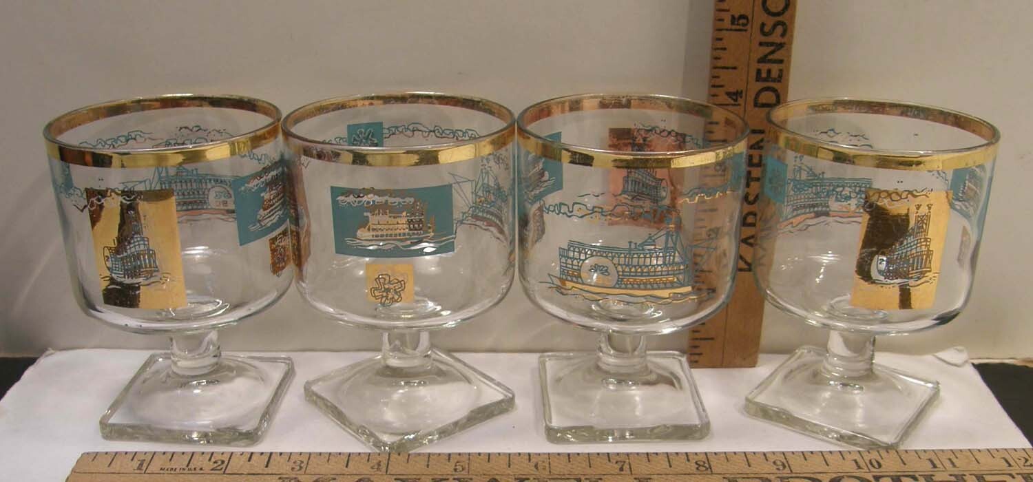 4 VINTAGE MCM SOUTHERN COMFORT STEAMBOAT FOOTED ROCKS LIBBEY BAR ...