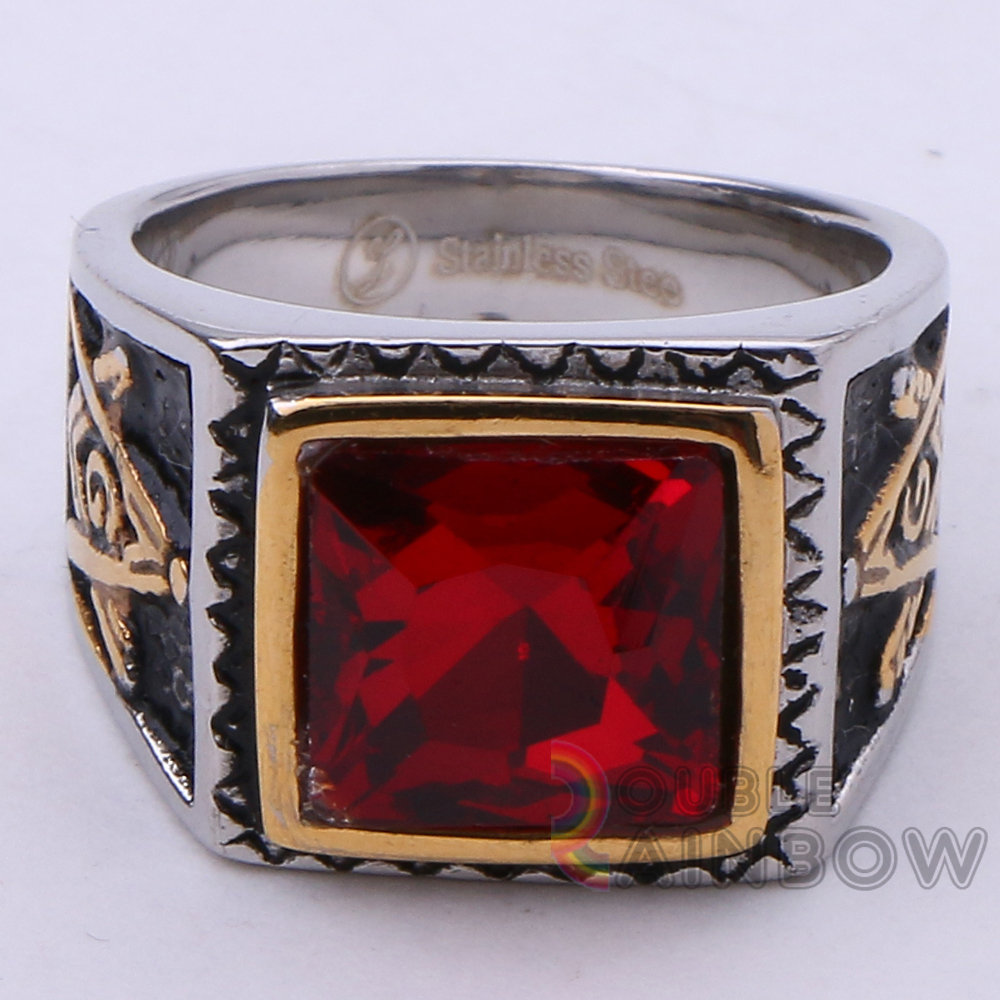 R6 Men Stainless Steel Red CZ Gold Silver Plated MASONIC Mason Ring ...