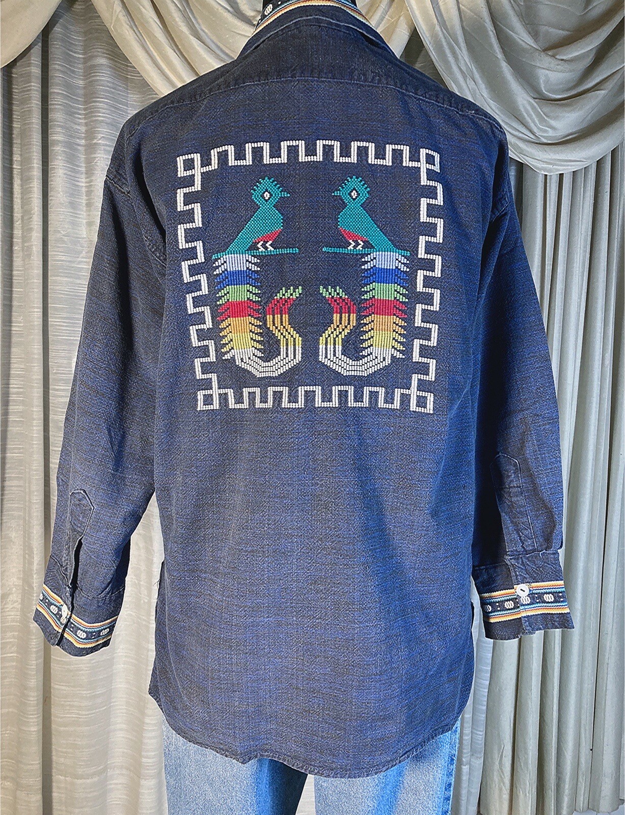 Vintage Denim Tribal Overshirt with Aztec Bird Embroi… - Gem