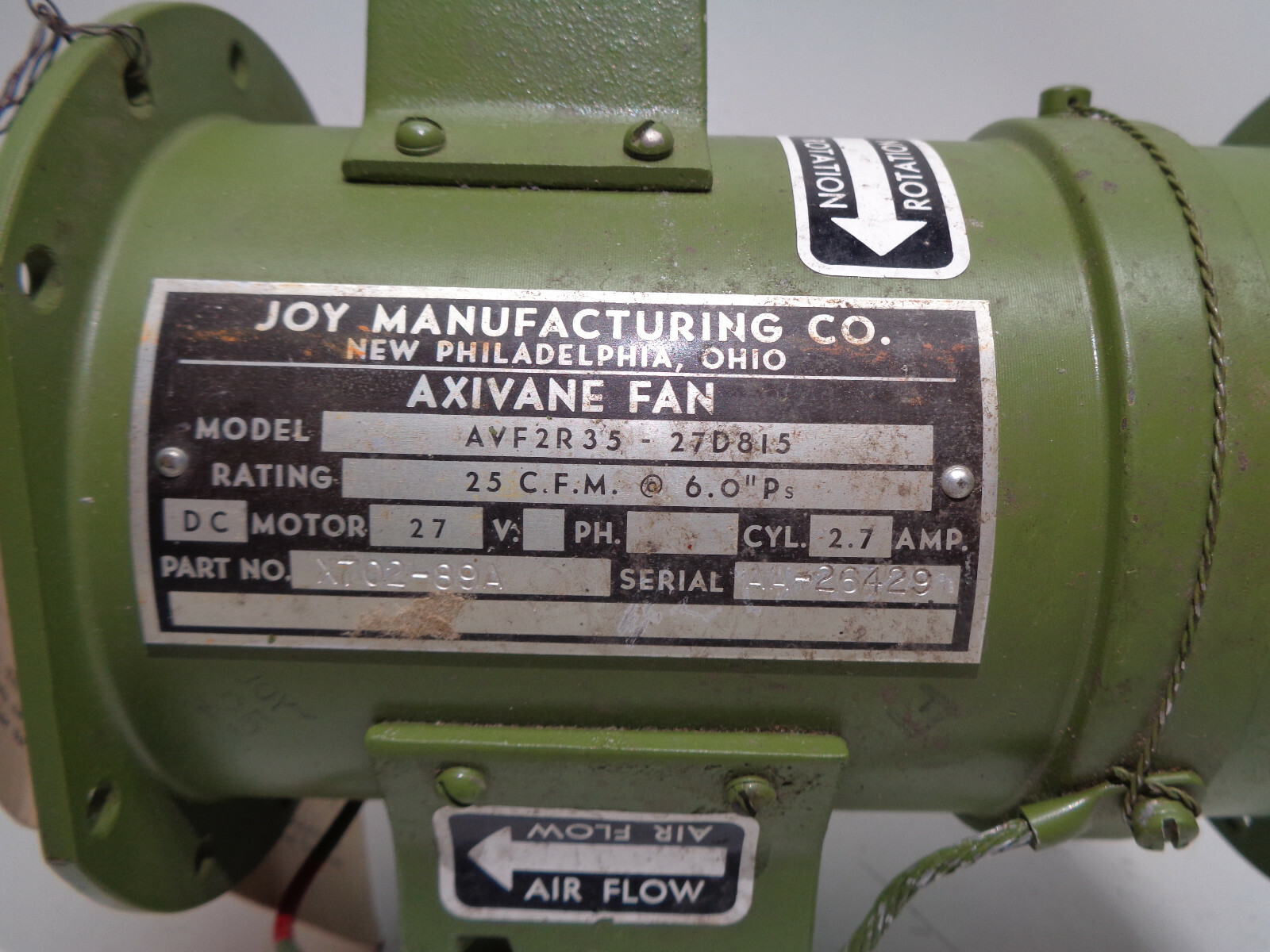 AIRCRAFT MODEL AVF2R35-27D815 AXIVANE VANEAXIAL FAN X702-89A BY JOY NEW ...