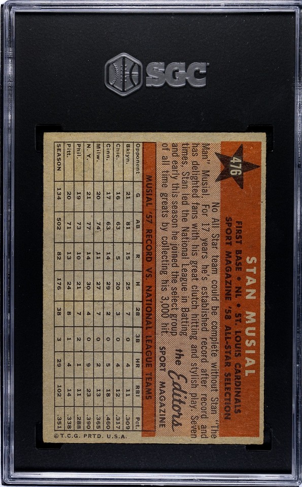 1958 Topps All Star Stan Musial #476 SGC 4 Nice Vintage Classic Card ...