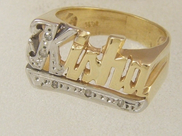14 karat Kisha name ring 14K 2 tone gold Kisha K tail diamond initial ...